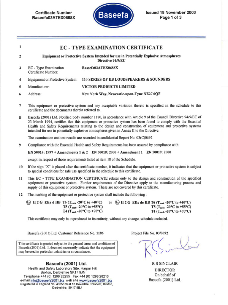 Certificate Baseefa03ATEX06888X IIB (With FS Address) | PDF
