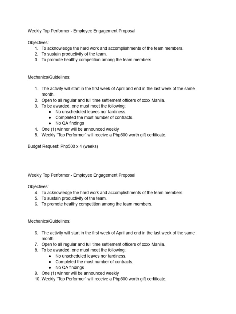 Weekly Top Performer - Employee Engagement Proposal | PDF