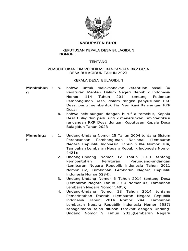 Contoh SK Tim Verifikasi RKP Desa | PDF