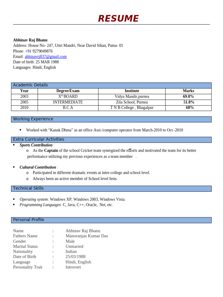 Abhinav Raj Bhanu Resume Overview | PDF