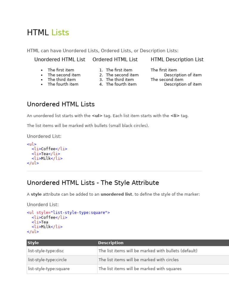 02 HTML List N Tables | PDF | Html Element | Html