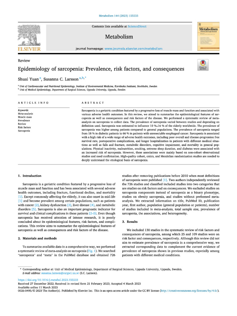 Epidemiology of Sarcopenia Prevalence, Risk Factors, and Consequences | PDF