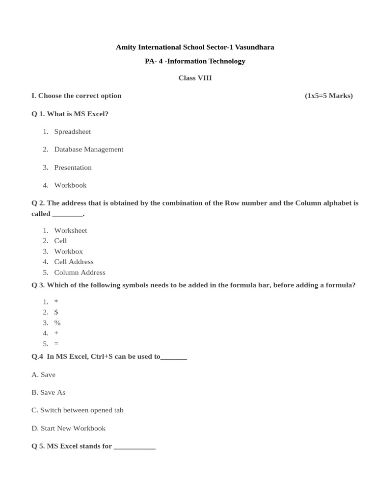 MS Excel Revision Worksheet | PDF | Career & Growth | Computers