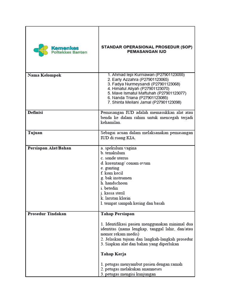 Sop Pemasangan Iud | PDF