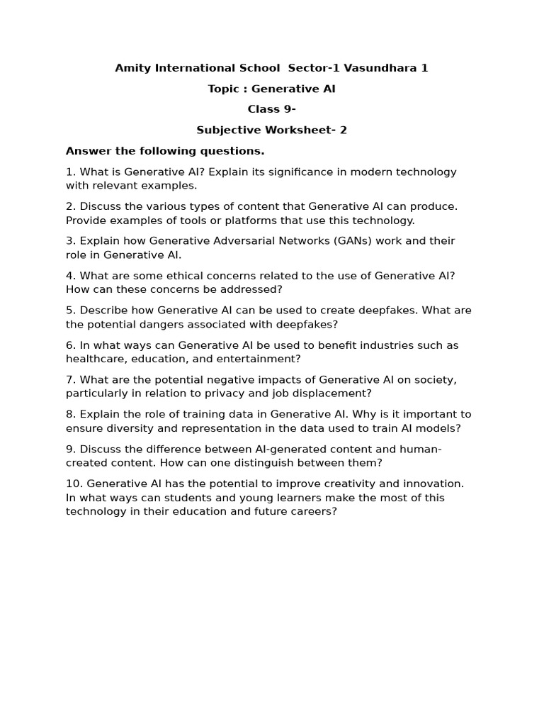 Generative AI - Subjective Worksheet | PDF