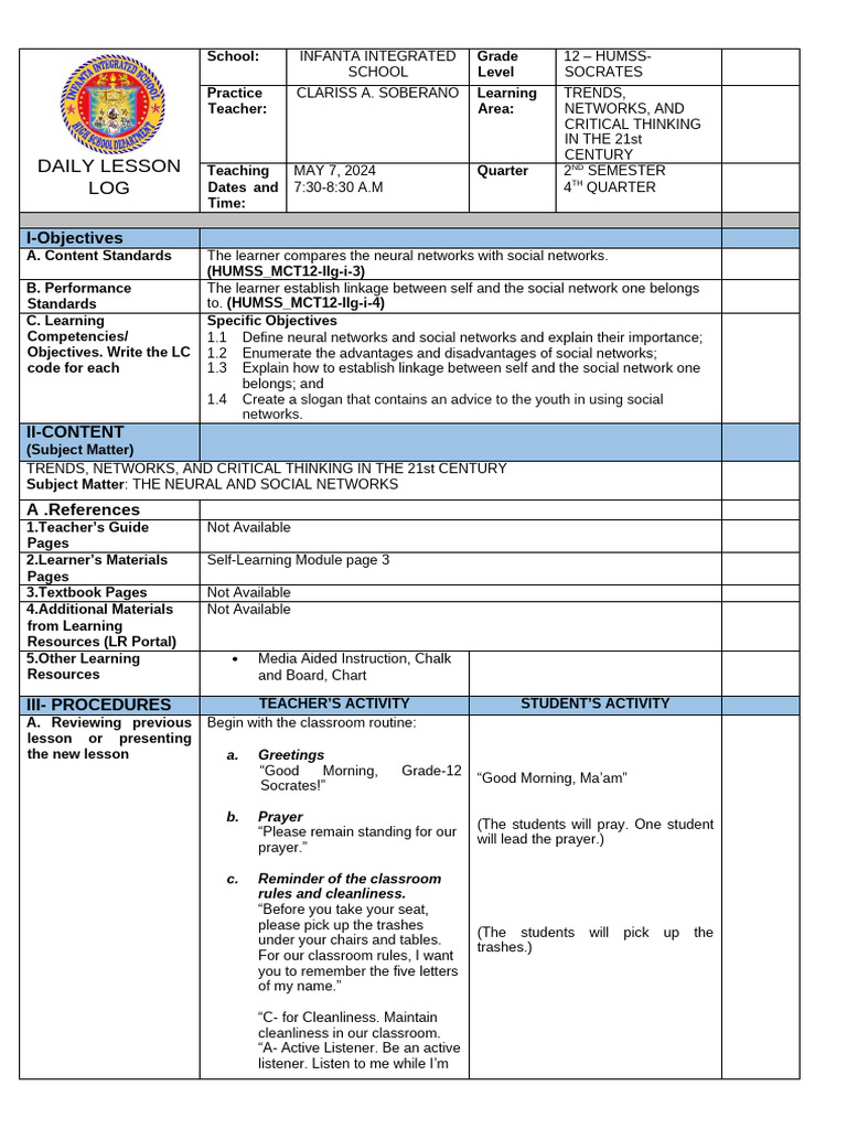 Neural and Social Networks Lesson Plan | PDF