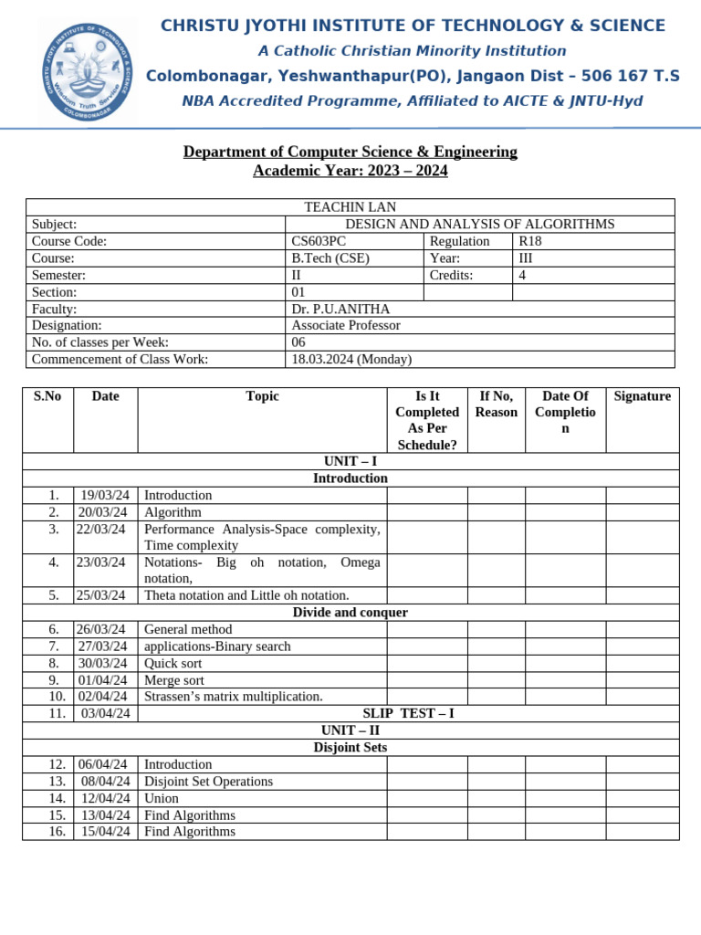 Modified Daa Lesson Plan Cse-1 | PDF | Computational Complexity Theory | Algorithms And Data ...