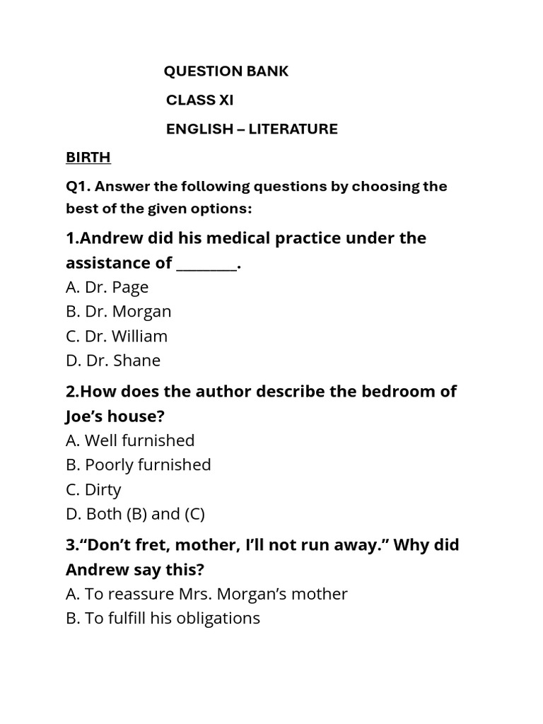 Birth Class Xi Question Bank | PDF