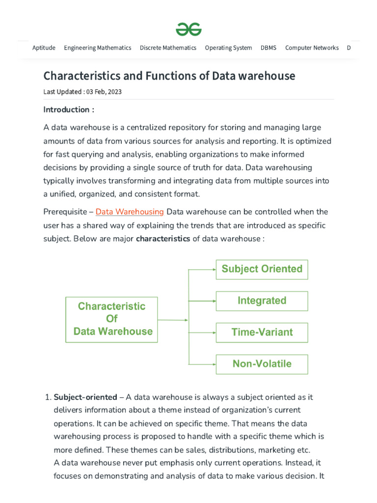 Characteristics and Functions of Data Warehouse - GeeksforGeeks | PDF ...