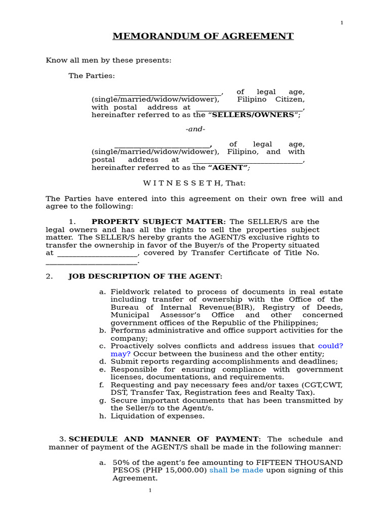 Memorandum of Agreement | PDF | Taxes | Payments