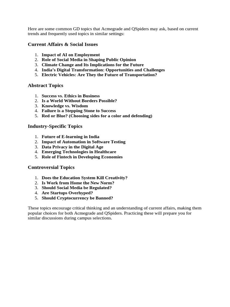 Common GD Topics for Acmegrade & QSpiders | PDF