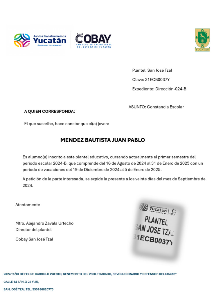 Constancia Escolar ORIGINAL | PDF