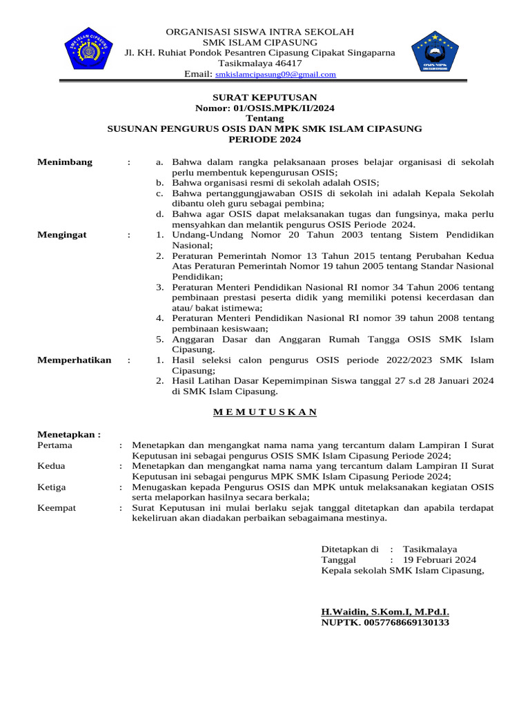 Surat Keputusan Pelantikan OSIS & MPK Periode 2024-1 | PDF