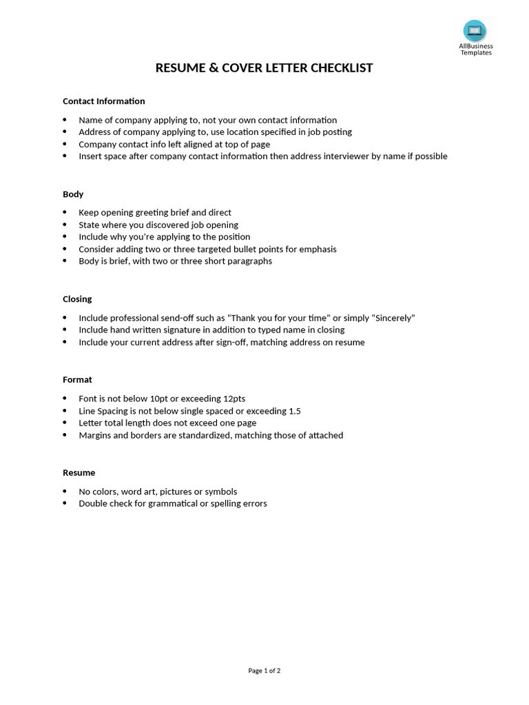 Resume Cover Letter Checklist | PDF