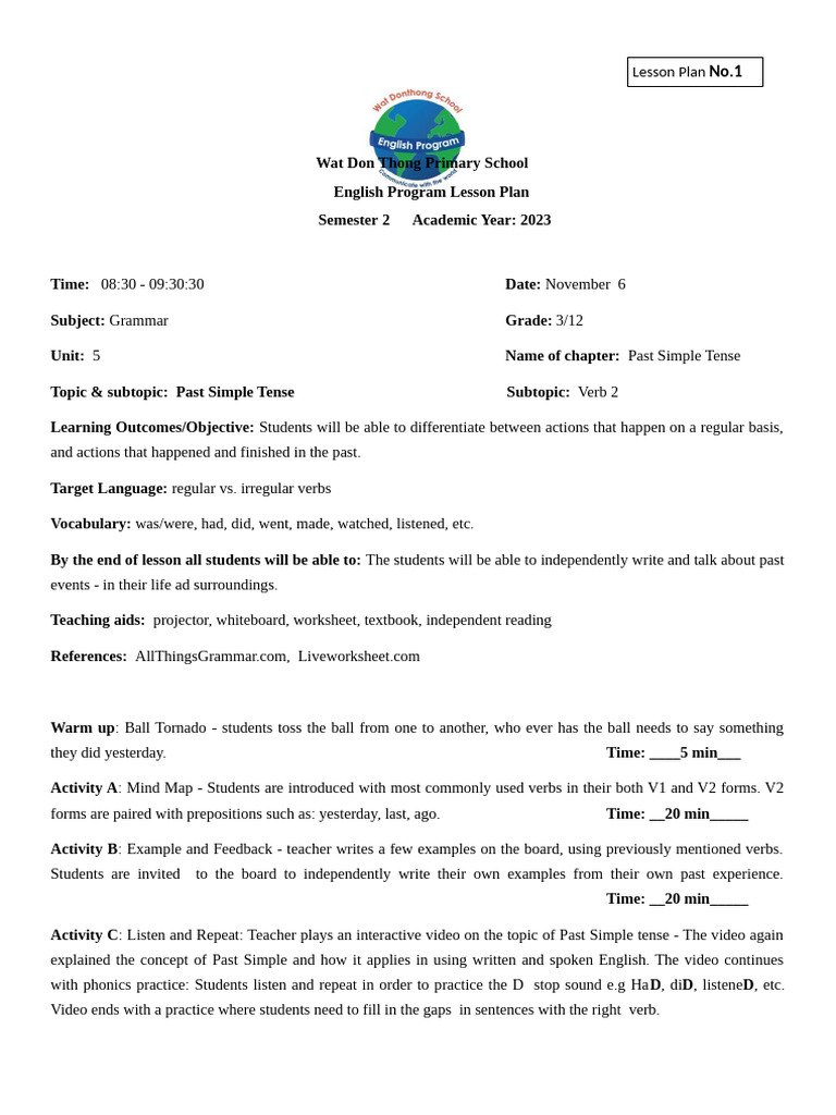 C. Lesson Plan Template Wat Don Thong Primary School | PDF ...