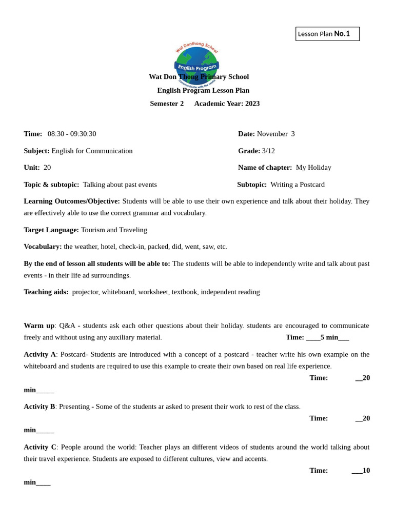 C2. Lesson Plan Template Wat Don Thong Primary School | PDF | Lesson ...