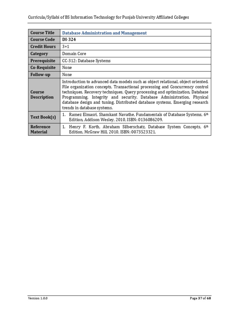 Database Administration Course Syllabus | PDF | Computers | Technology & Engineering