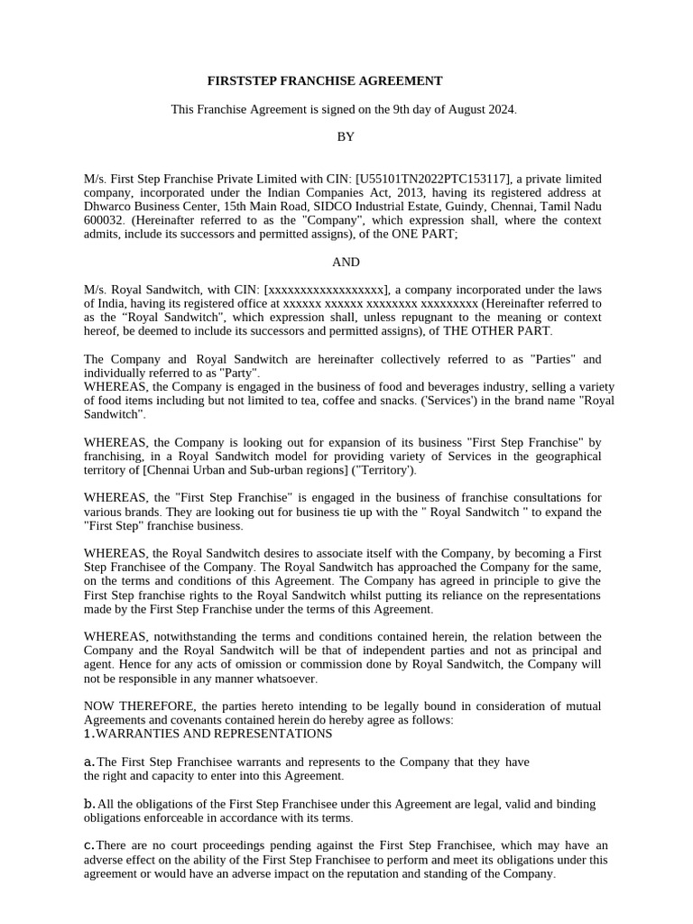 Royal Sandwitch Sample Agreement | PDF | Franchising | Arbitration