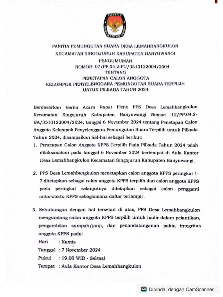 Pengumuman Pelantikan Kpps Pilkada 2024 | PDF