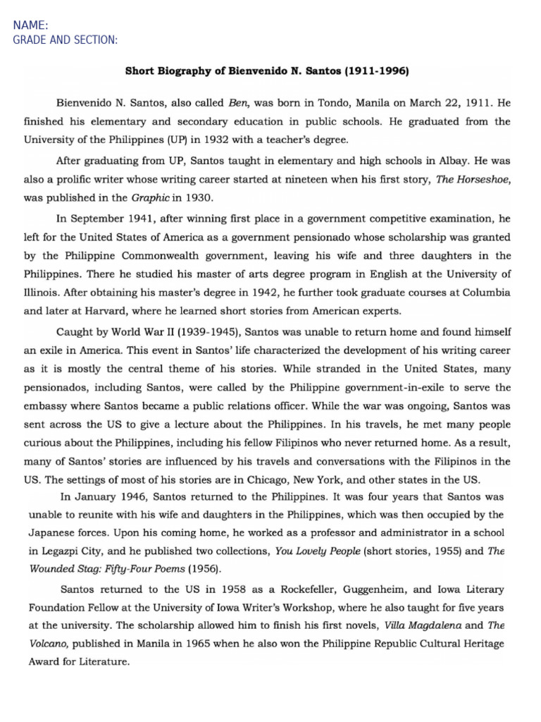 Biography of Bienvenido Santos | PDF