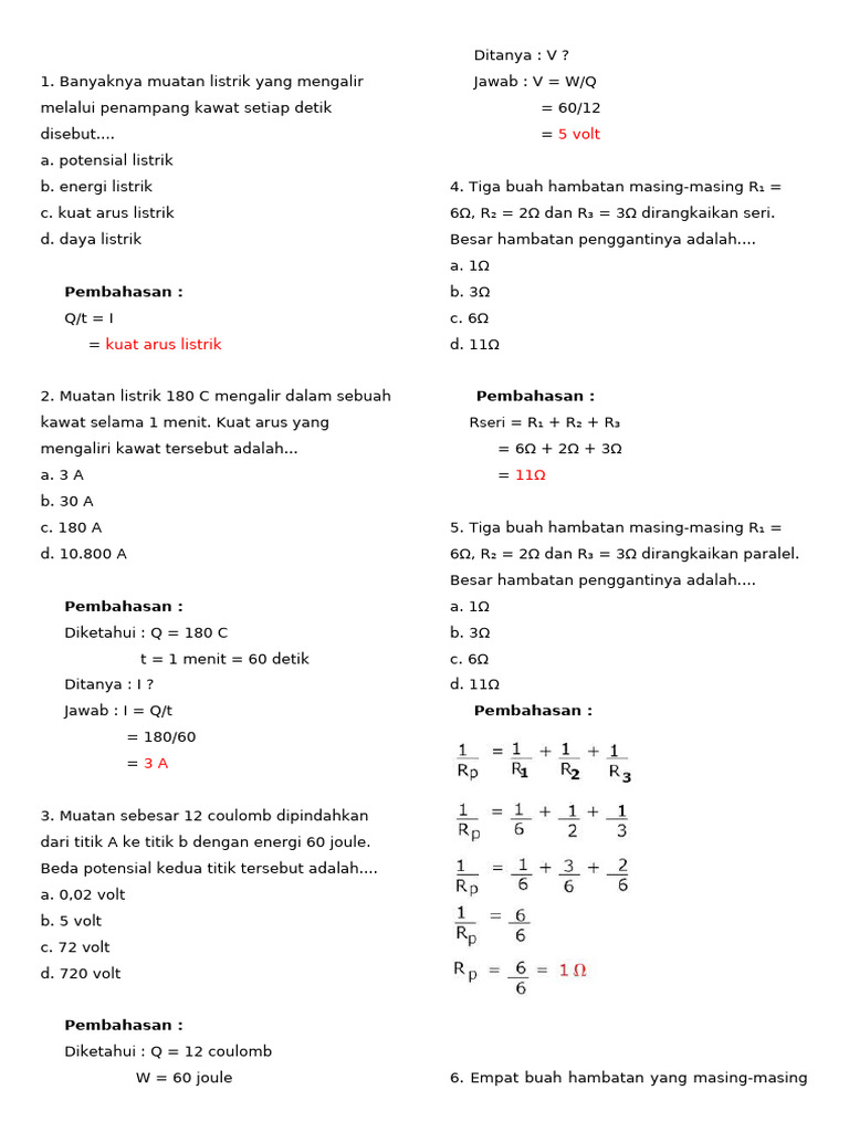 Soal dan Pembahasan Listrik: Arus, Tegangan, dan Hambatan | PDF