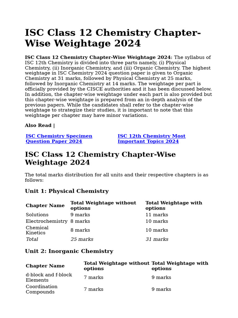 ISC Class 12 Chemistry Weightage 2024 | PDF | Chemistry | Organic Chemistry