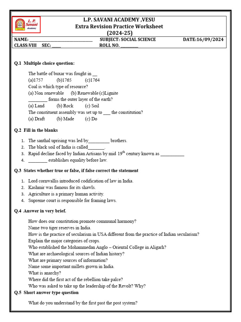 Extra Practice Worksheet Class 8 | PDF | Politics