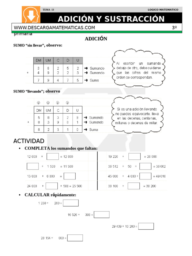 13 Adición y Sustracción Tercero de Primaria | PDF | Informática