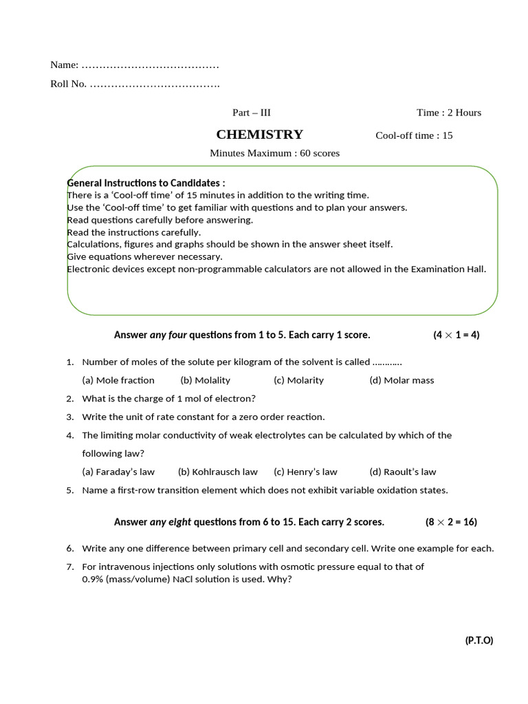 Plus Two Chemistry First Term Exam Question Paper 2023 | PDF ...