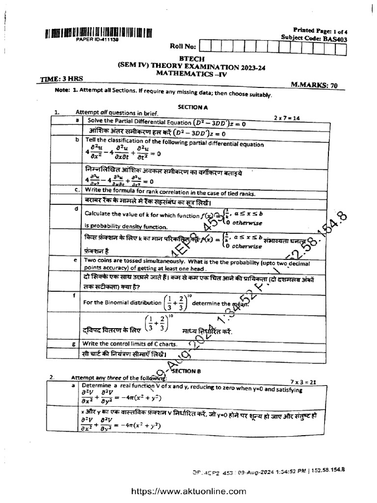 Btech 4 Sem Mathematics 4 Bas403 Aug 2024 | PDF