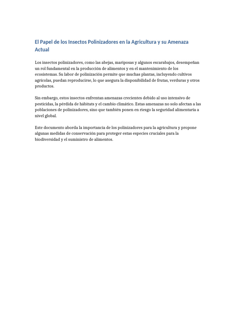 Documento Adicional 1 El Papel de Los Insectos Polinizadores en La Agricultura y Su Amenaza ...
