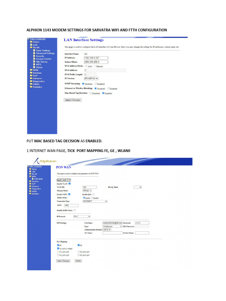 Alphion 1143 Modem Sarvatra Wifi Configuration Settings | PDF