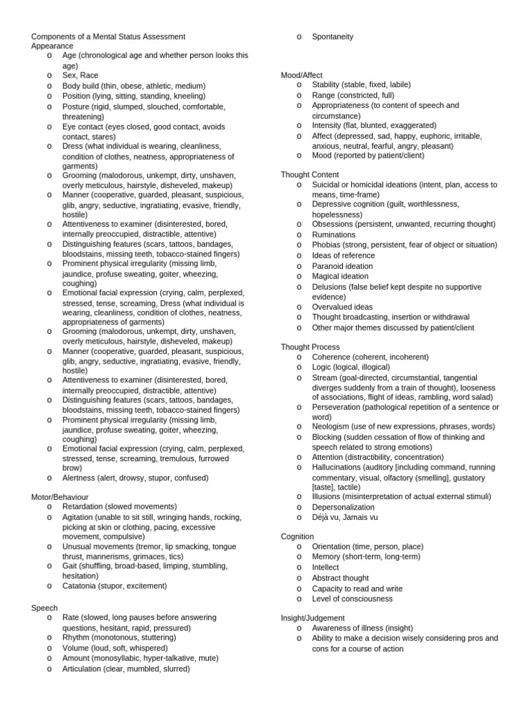 MSE-Checklist | PDF | Abnormal Psychology | Neuroscience