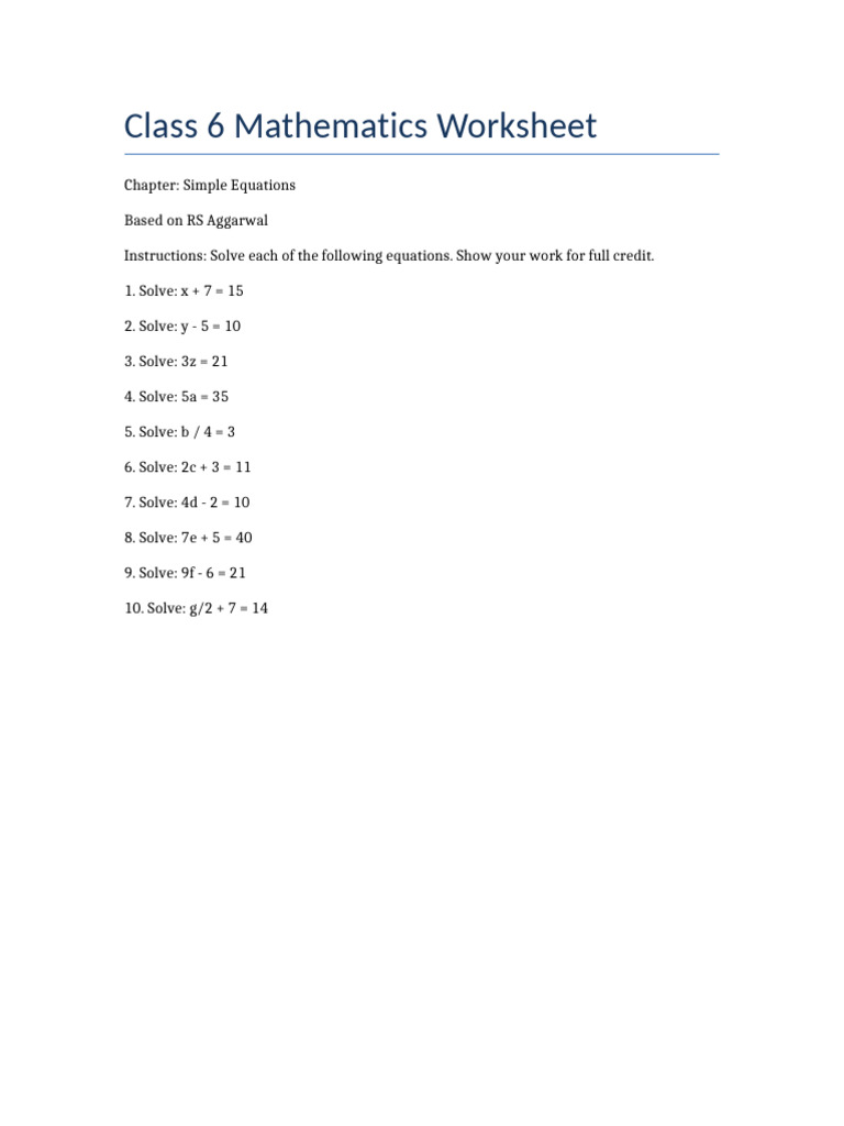 Simple Equations Class 6 Worksheet | PDF | Teaching Methods & Materials