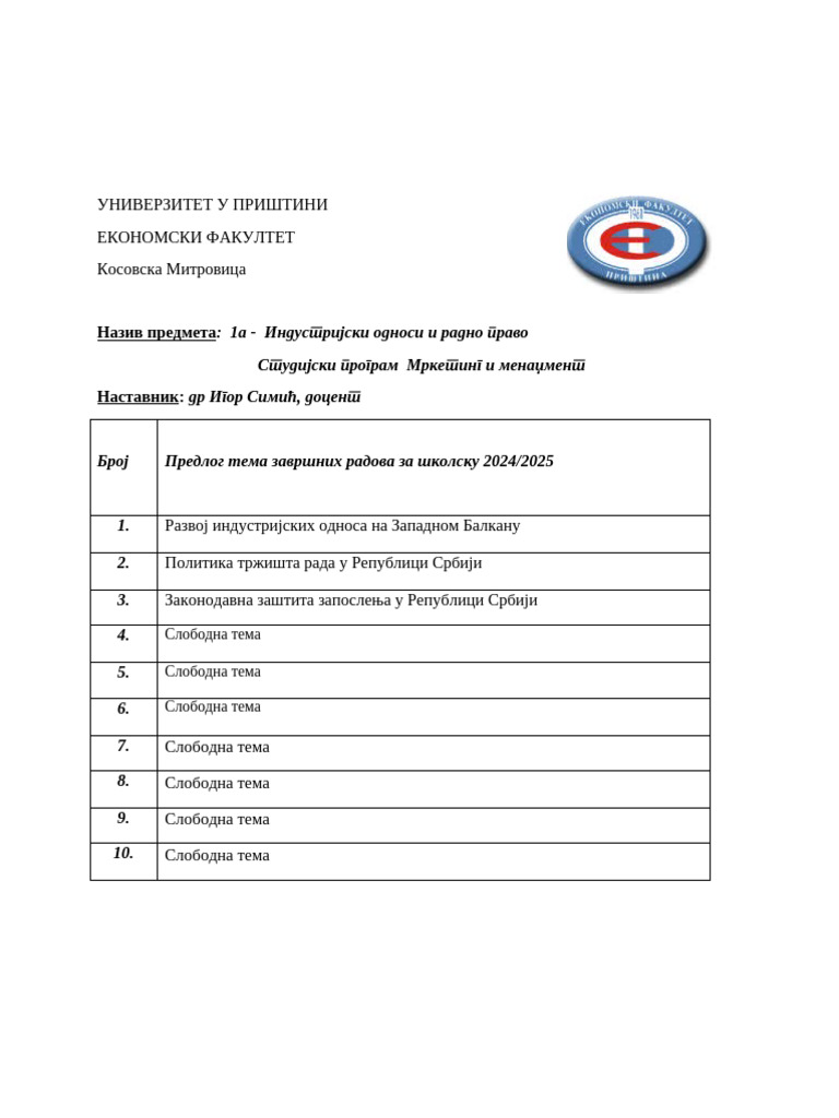 Predlog Tema Završnih Radova MAS Industrijski Odnosi I Radno Pravo | PDF