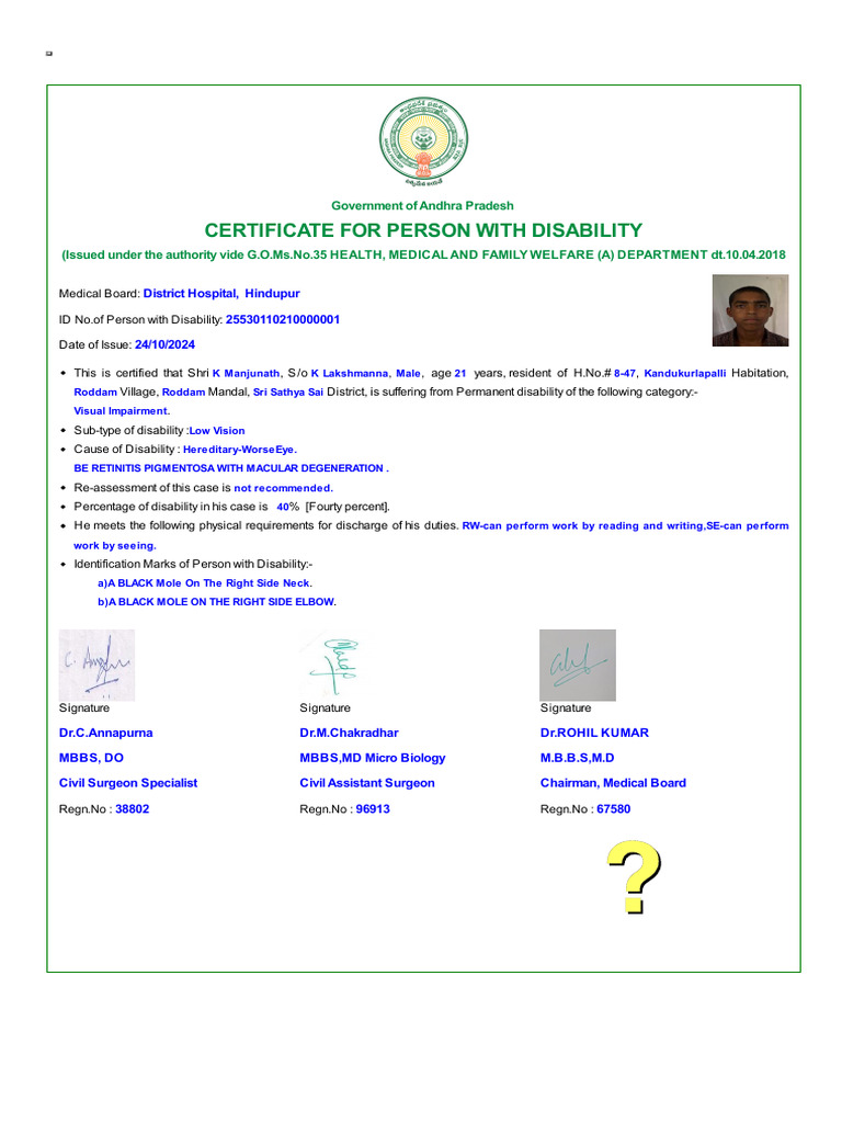 Disability Certificate for Visual Impairment | PDF