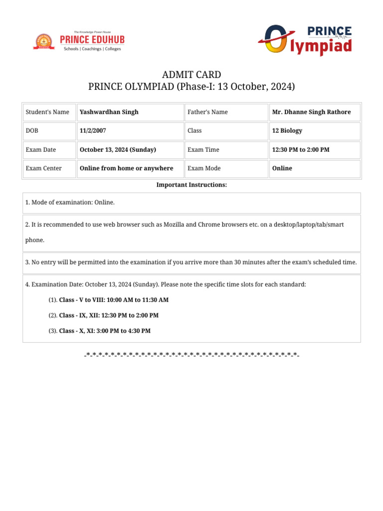 Prince Olympiad Exam Schedule 2024 | PDF