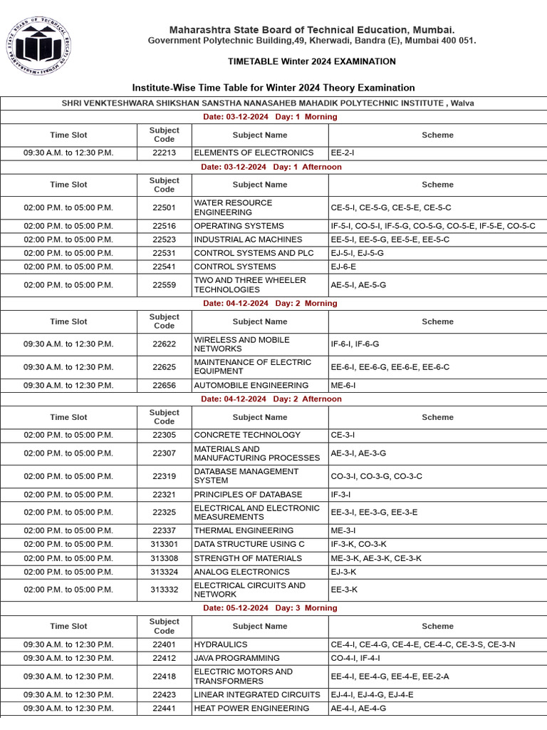 Time Table For Winter 2024 Theory Examination | PDF | Engineering ...