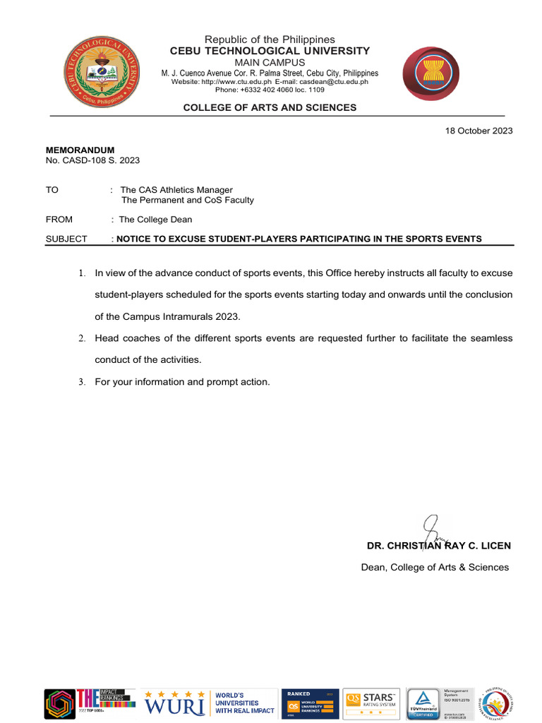 Cas Memo No.108 S2023 Notice To Excuse Student Players Intrams 2023 1 | PDF