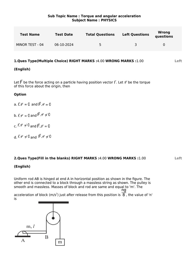 Physics Test Torque Angular Acceleration Pdf Teaching Methods