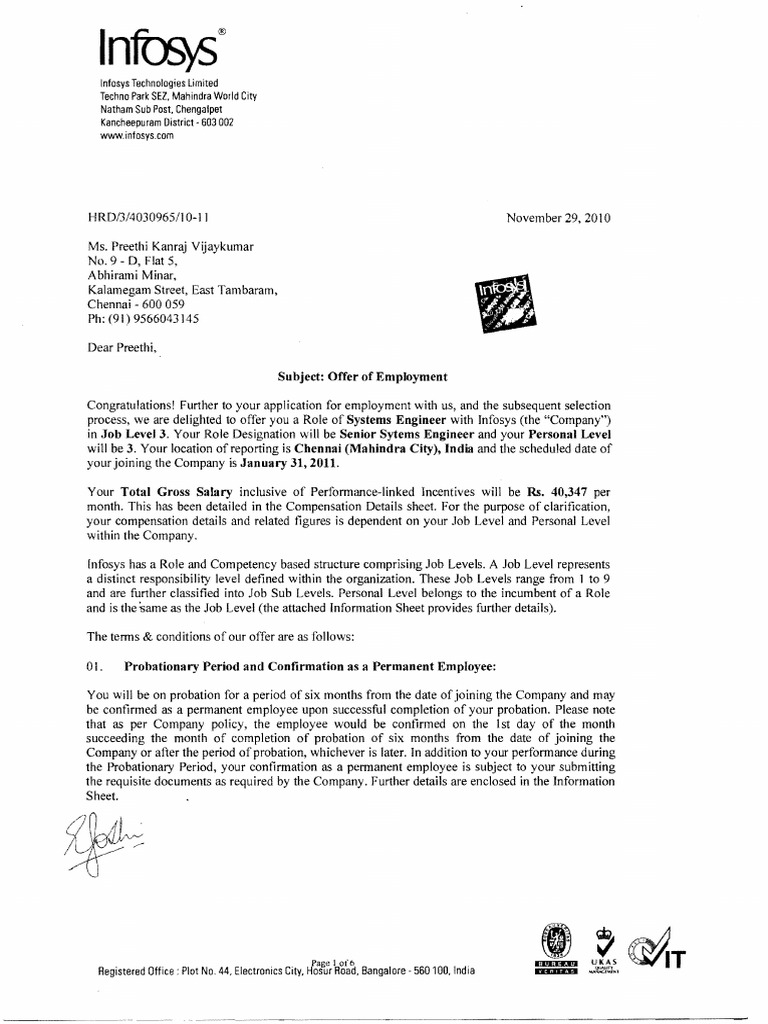 Infosys Offer Letter | PDF | Labor Relations | Economies