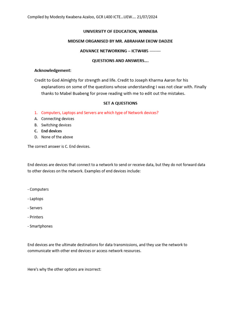 Midsem Questions and Answers - Adv. Networking | PDF | Computer Network | Osi Model