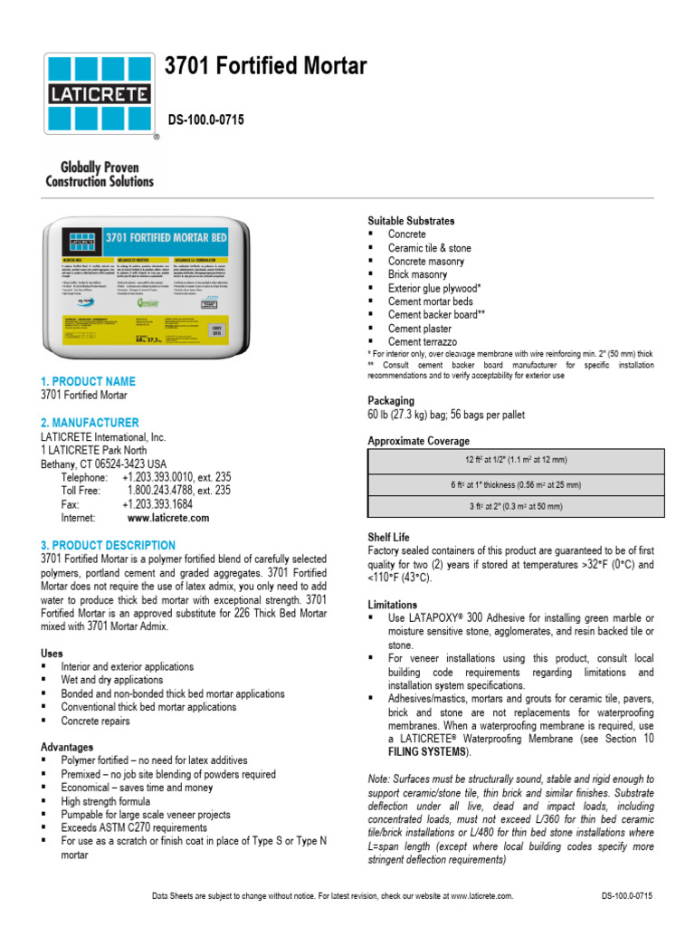 Laticrete 3701 Fortified Mortar Bed Product Data Sheet | PDF | Cement ...