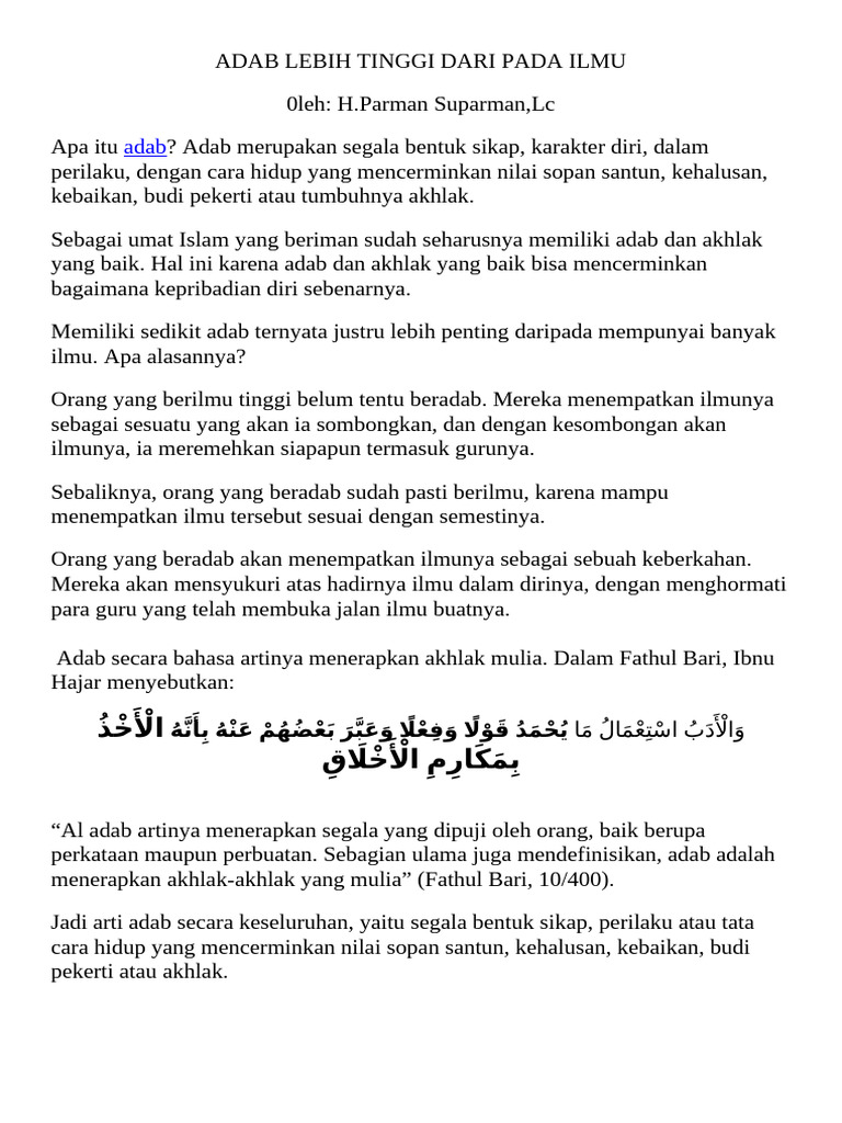 Adab Lebih Tinggi Dari Pada Ilmu | PDF