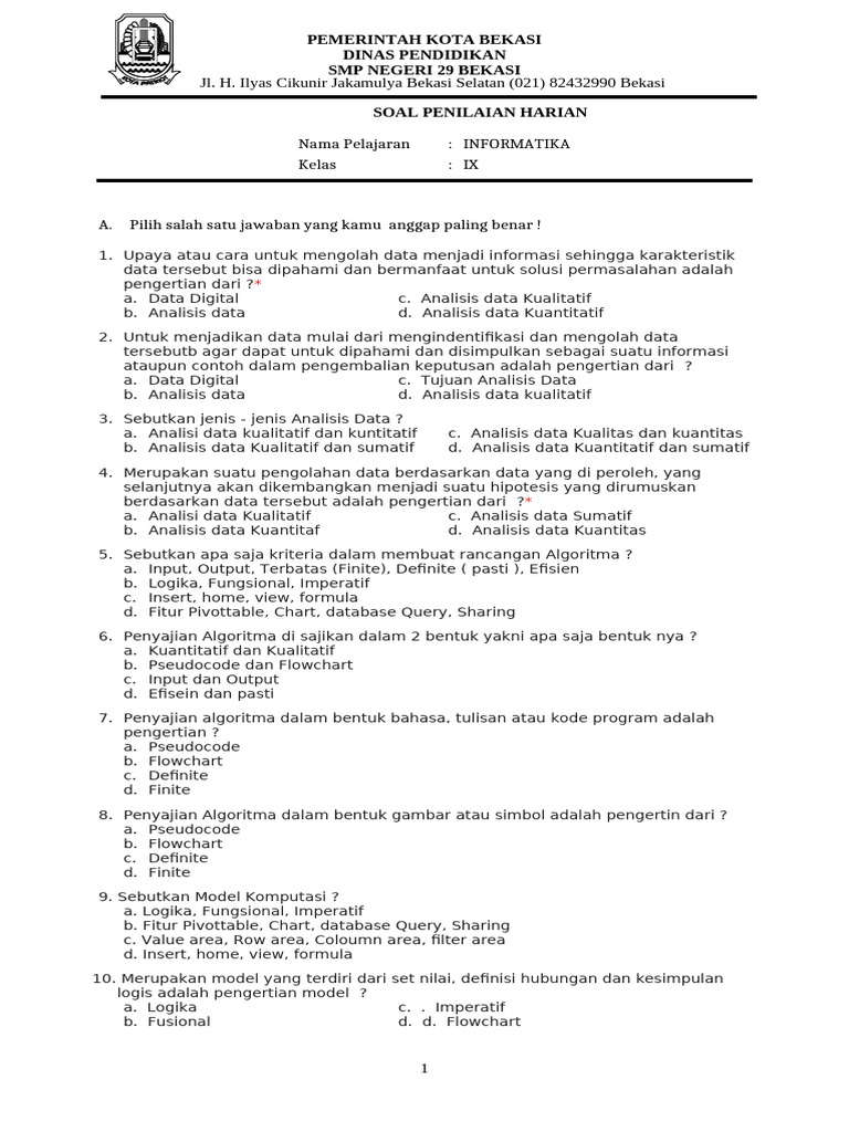 Soal PH Informatika Kls 9 SMT 1 Ke 2 2022 | PDF