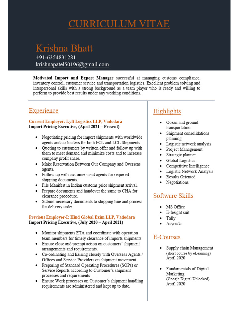 Resume Krishna Bhatt | PDF | Logistics | Business