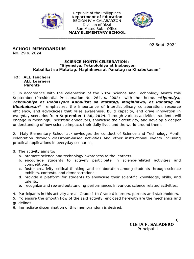 School Memo No. 27 S. 2024 - Science Month Celebration | PDF ...
