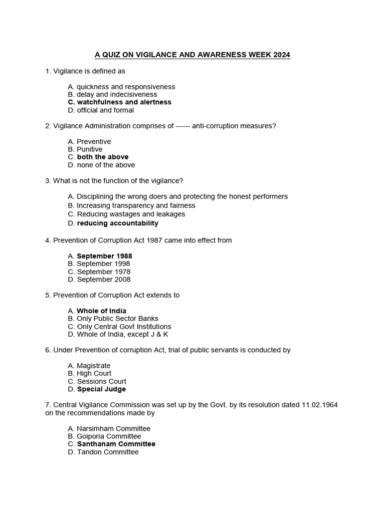 Vigilance Awareness Quiz 2024 | PDF | Justice | Crime & Violence