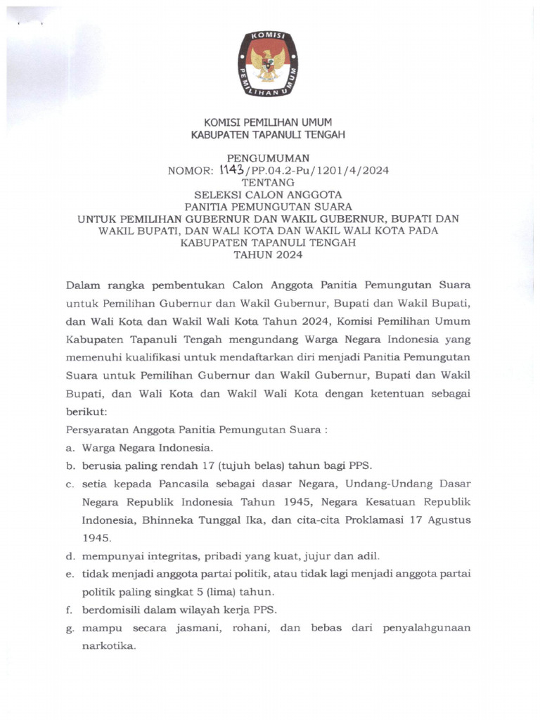 1143 - Pengumuman Seleksi PPS Pilkada 2024 | PDF