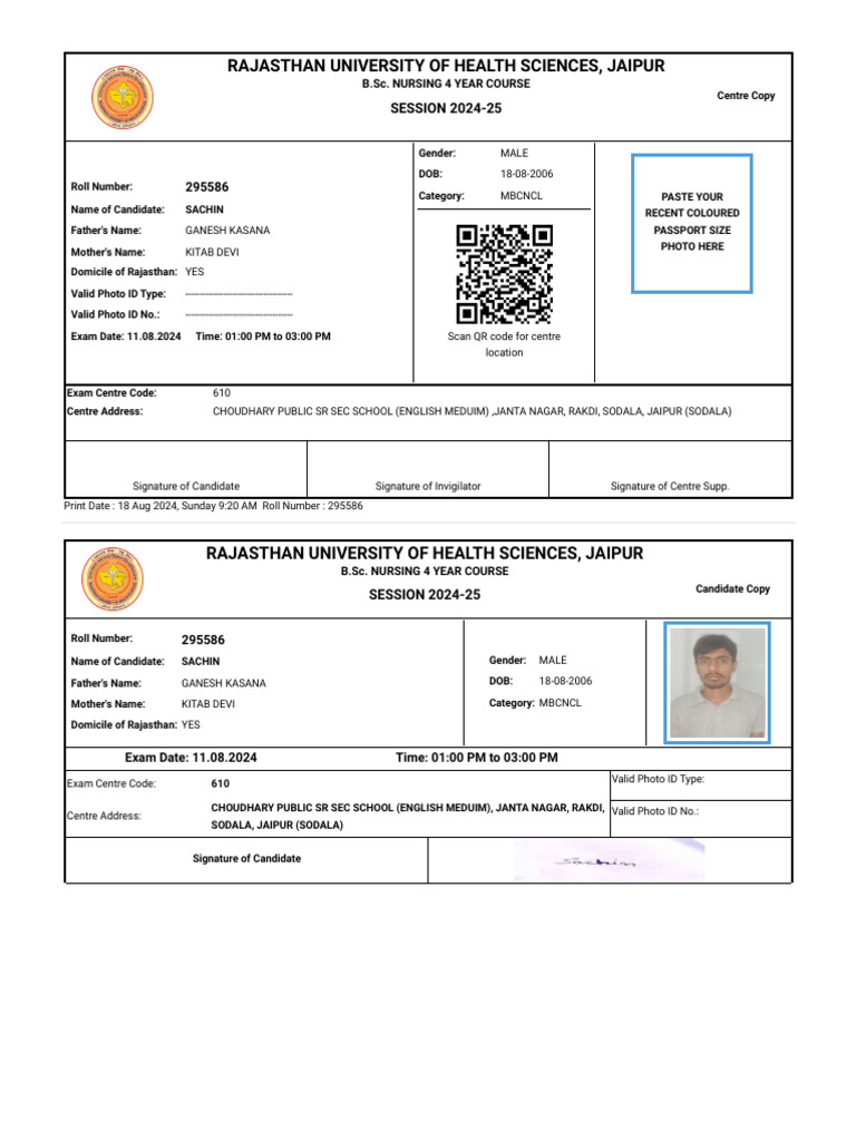 Admit Card Sachin Kasana | PDF